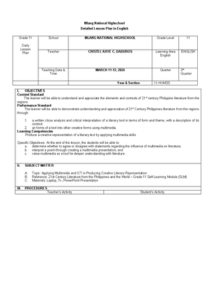 4A’s Lesson Plan - Detailed Lesson Plan in English Grade 8 High school ...