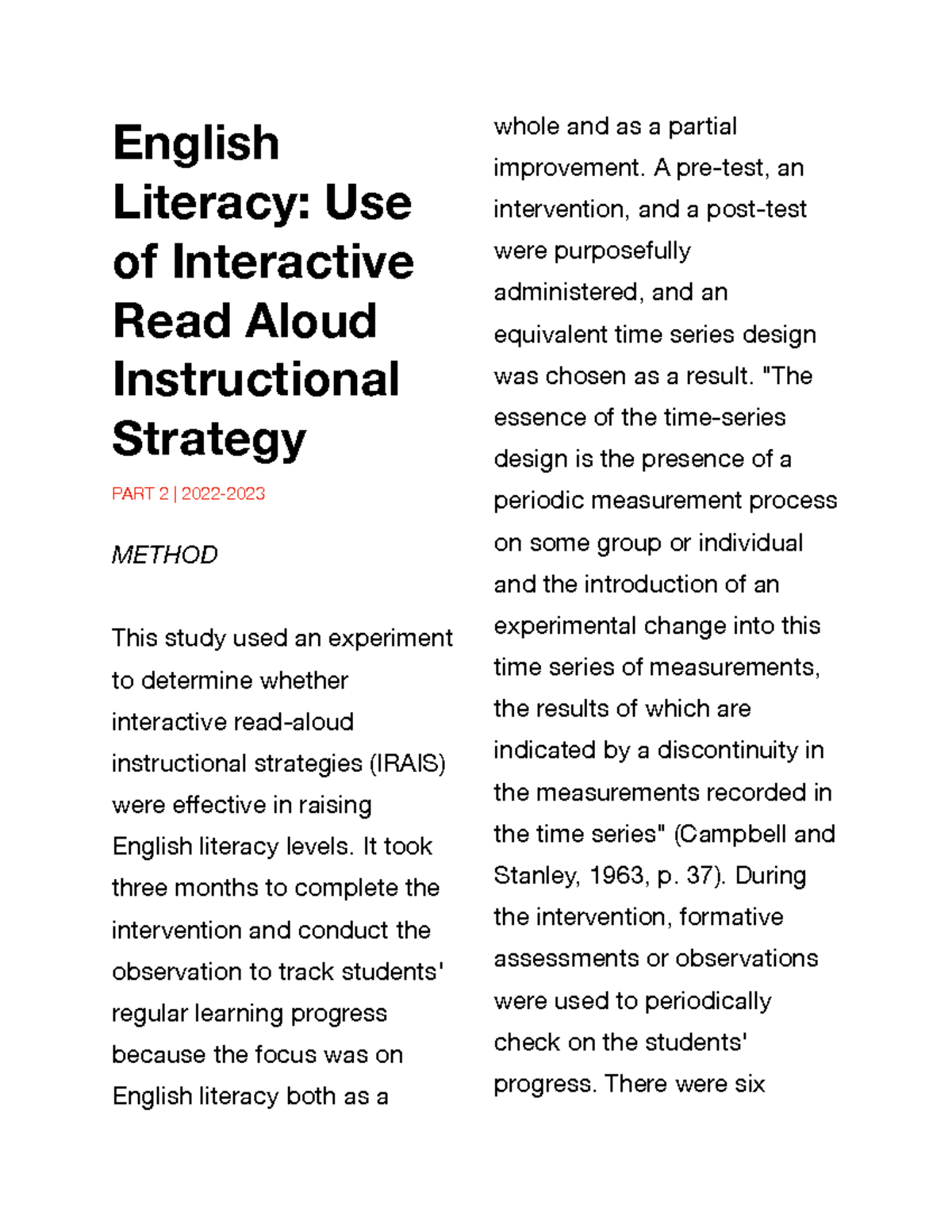 English Literacy Pt - English Literacy: Use of Interactive Read Aloud ...