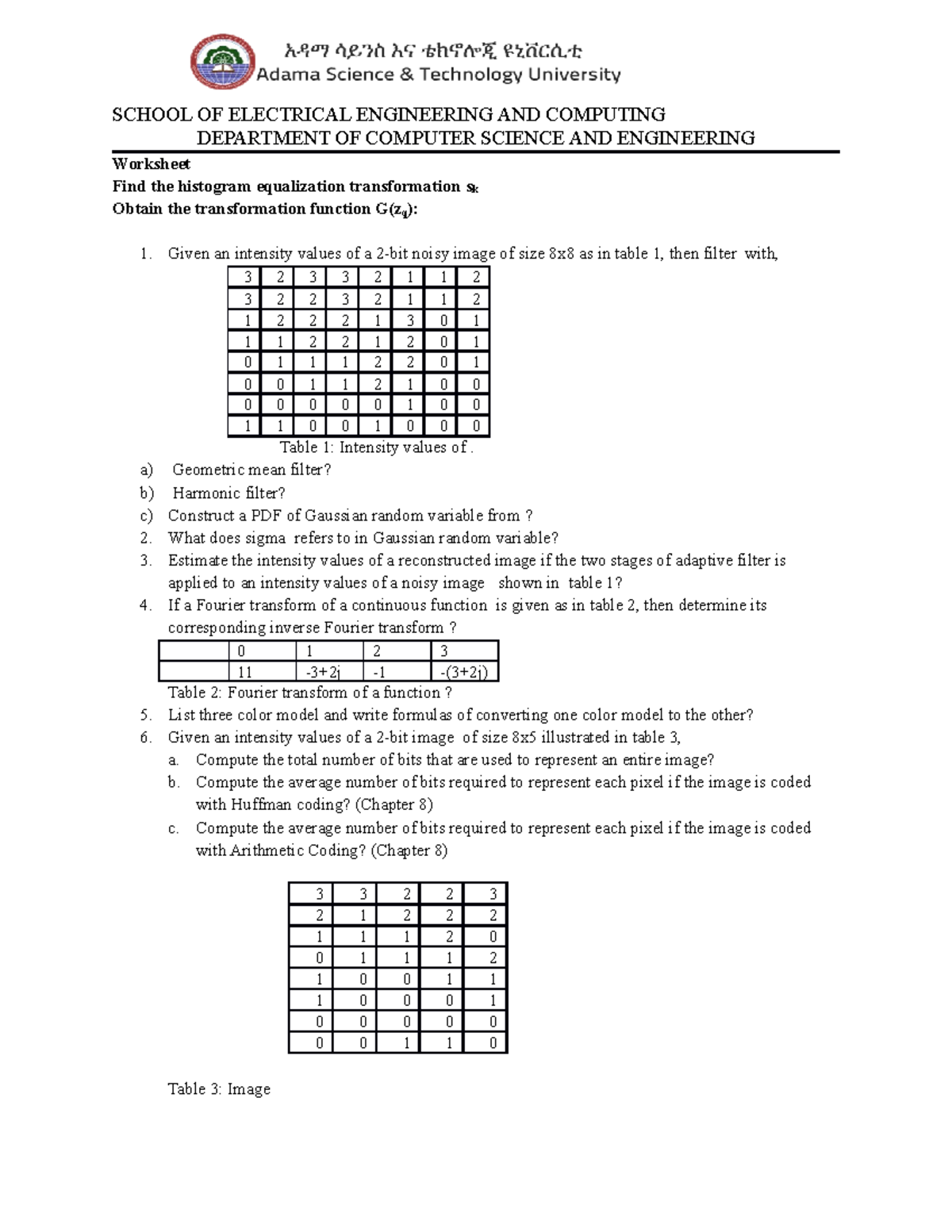 Worksheet - document for study - SCHOOL OF ELECTRICAL ENGINEERING AND ...