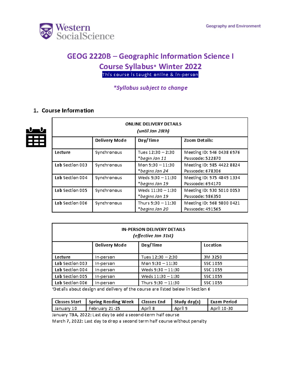 GEOG2220 Syllabus Winter 2022 - GEOG 2220B – Geographic Information Science I Course Syllabus ...