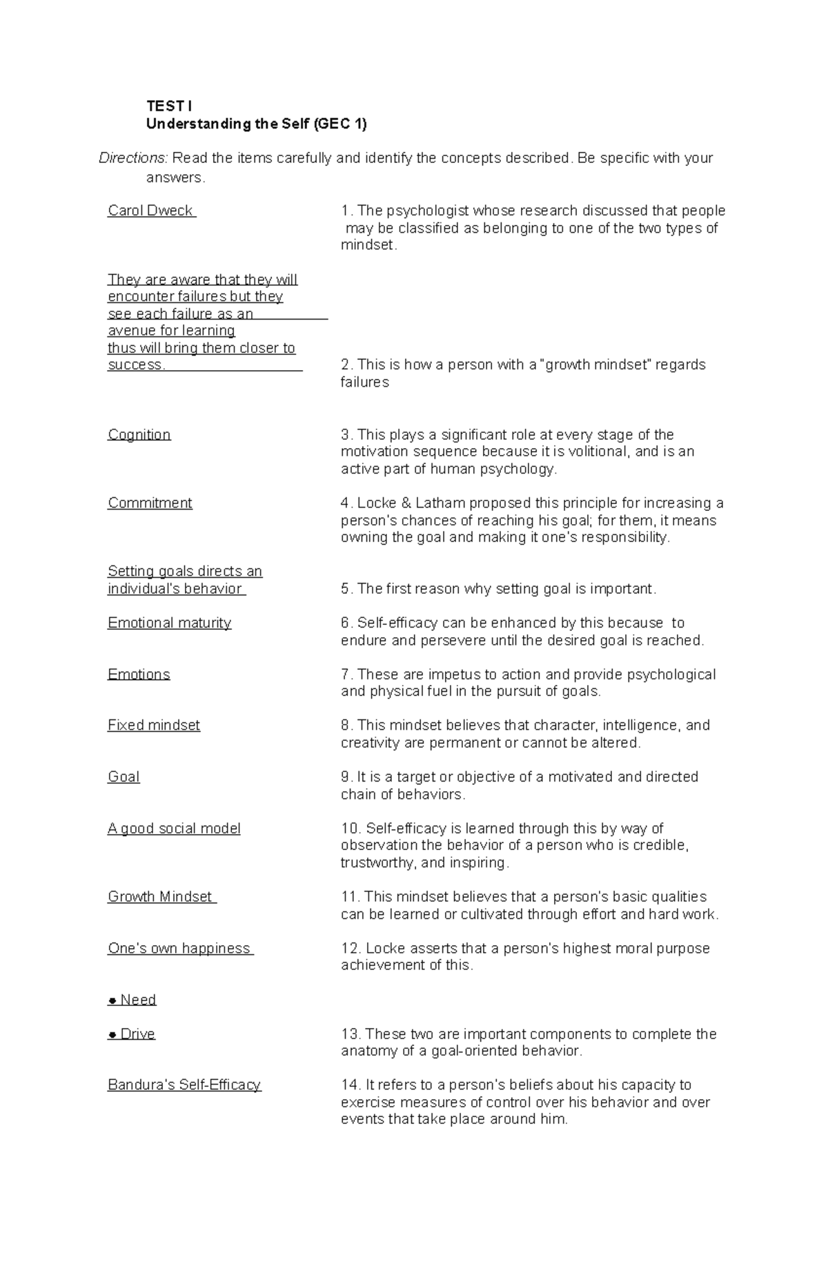 Understanding THE SELF - TEST I Understanding the Self (GEC 1 ...