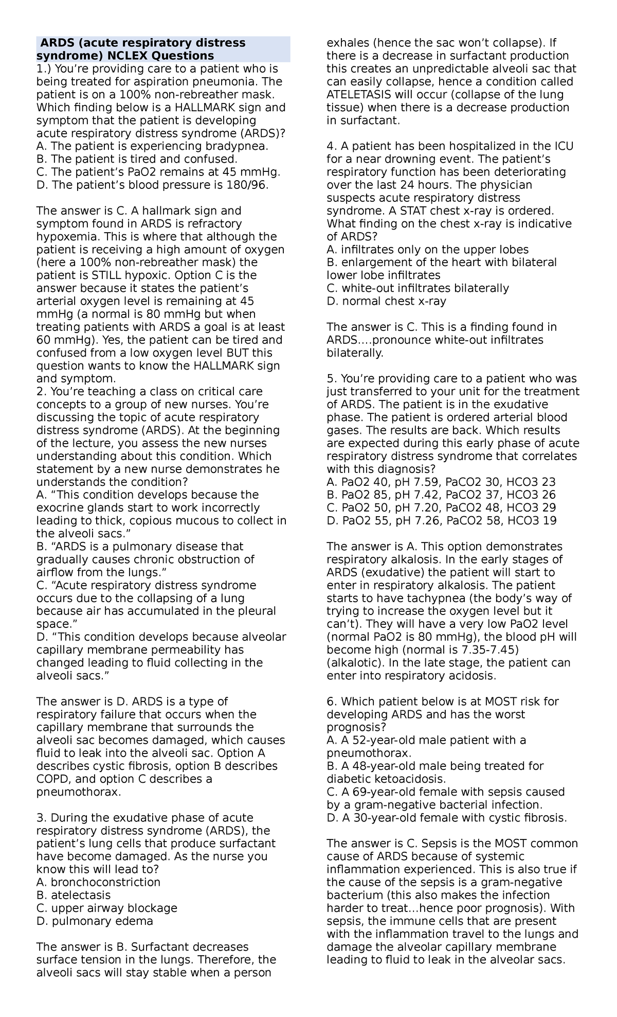 Registerned Nurse RN QUIZ SET 2 - ARDS (acute respiratory distress ...