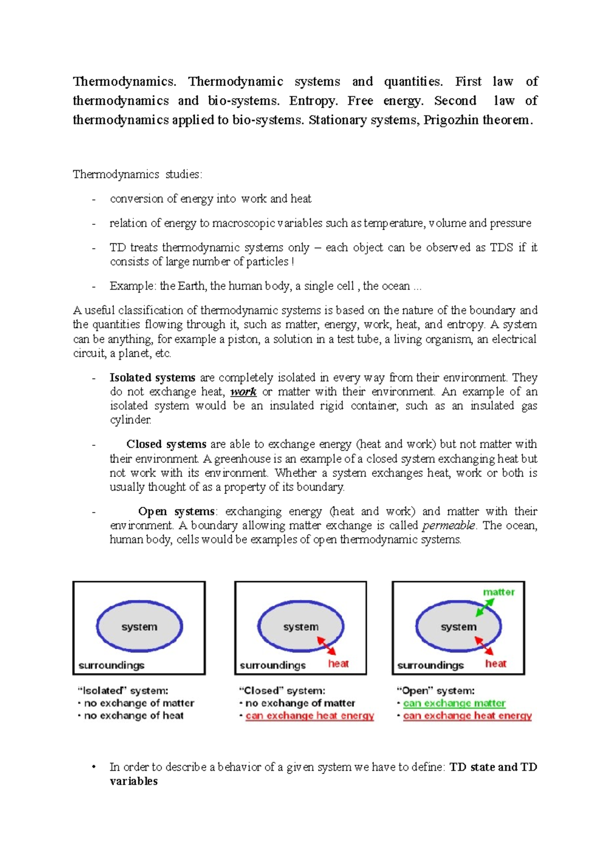 Biophysics notes - Thermodynamics. Thermodynamic systems and quantities ...