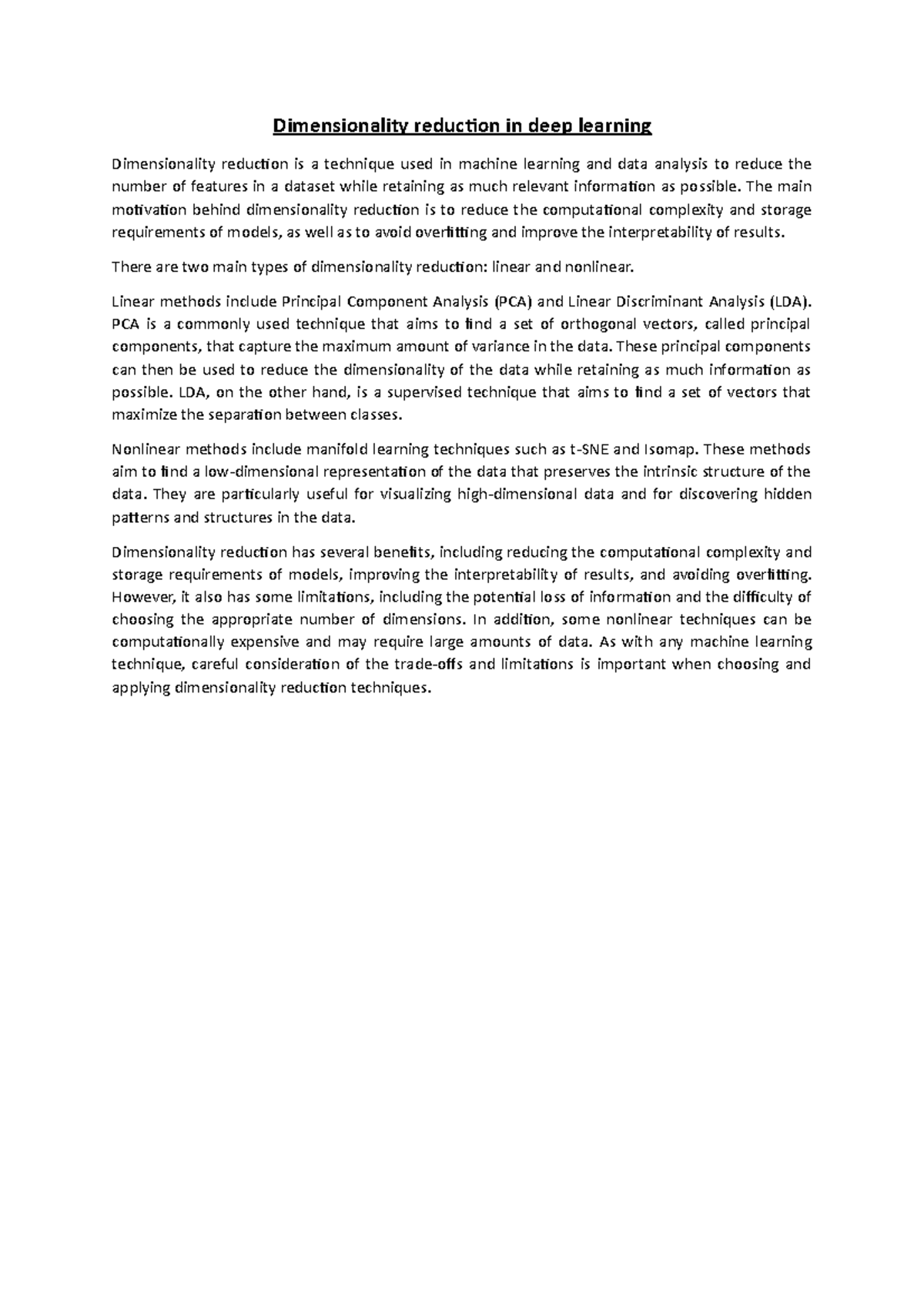 Dimensionality Reduction In Deep Learning Dimensionality Reduction In