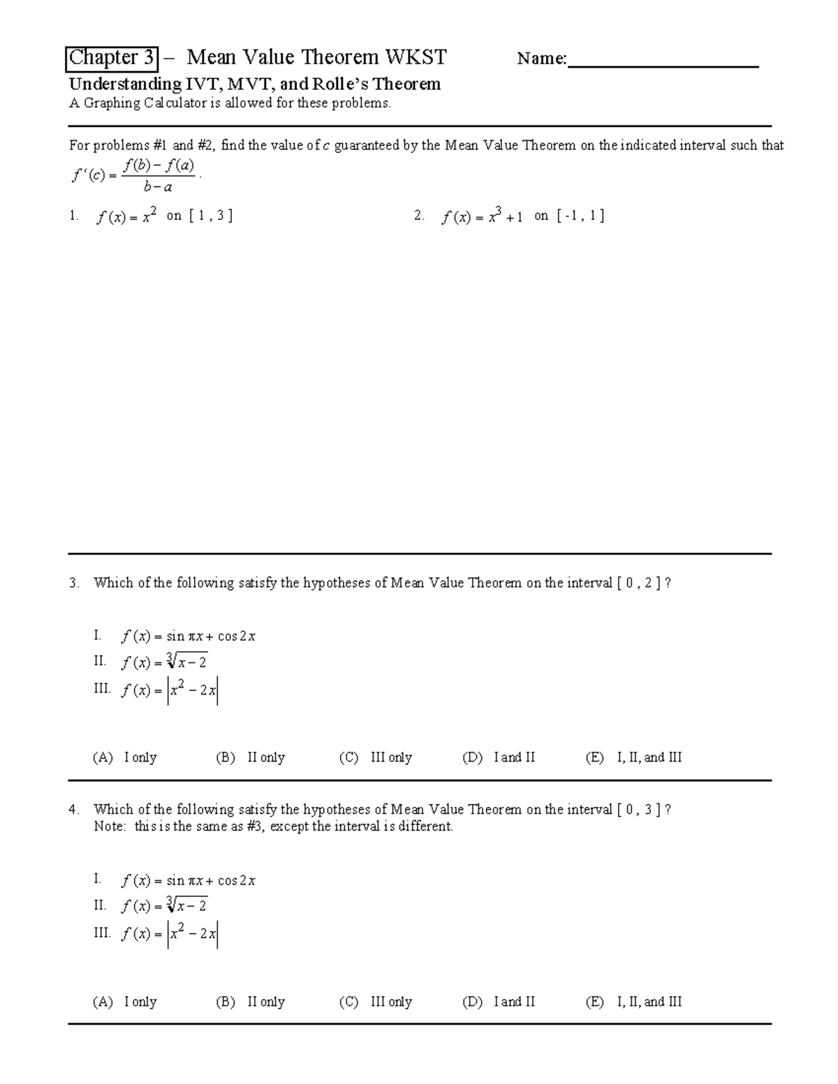 6 - MVT Wkst - AP-Calculus-AB-Unit-6. - Chapter 3 – Mean Value Theorem ...