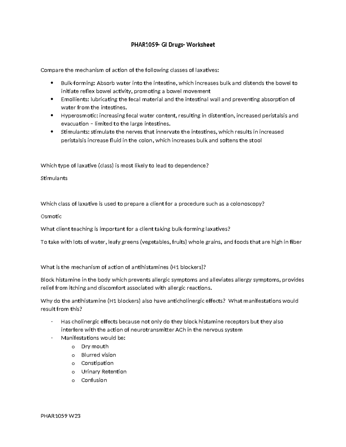 GI Drugs worksheet - PHAR1059- GI Drugs- Worksheet Compare the ...