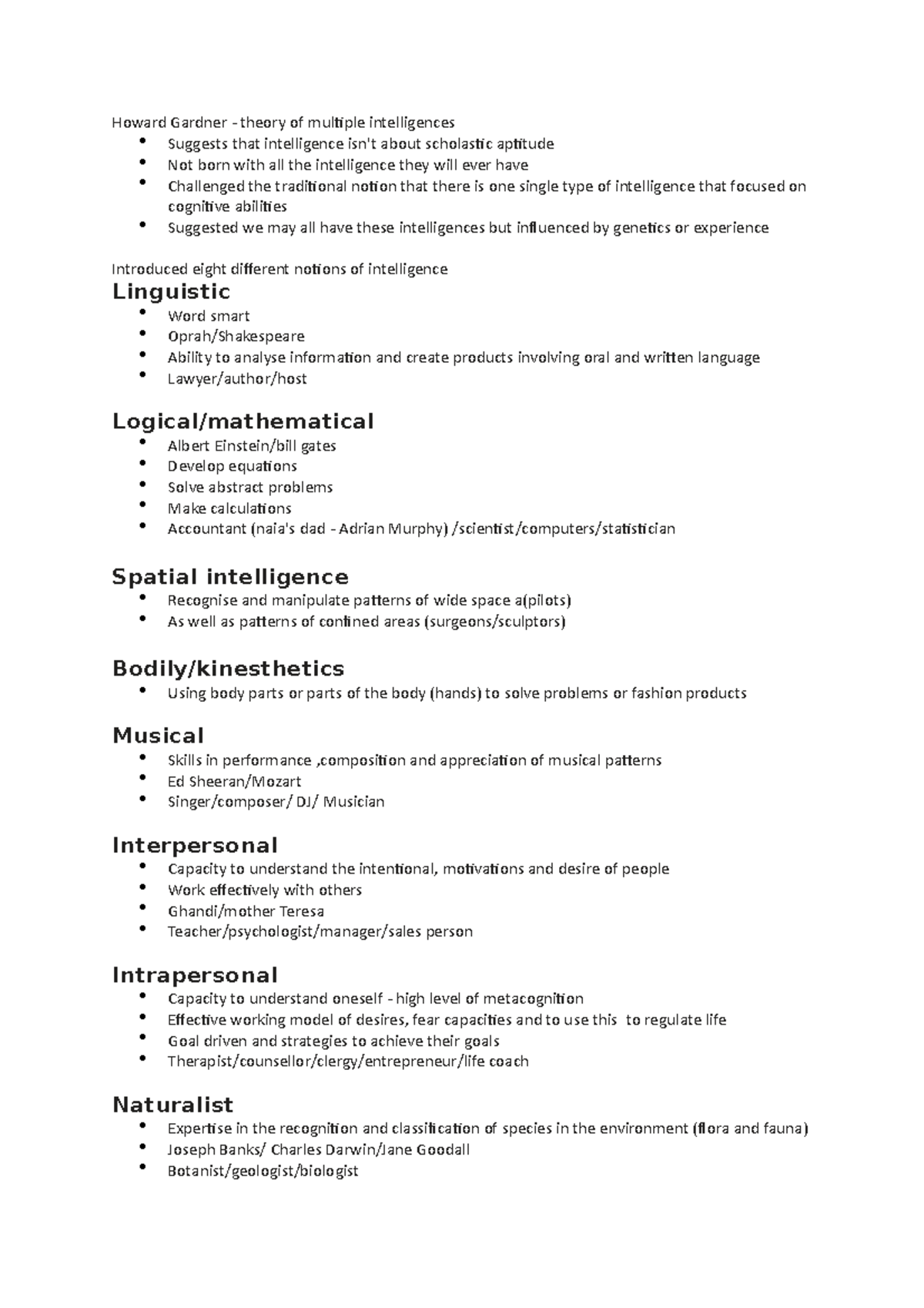 Psychology notes - Howard Gardner - theory of multiple intelligences ...