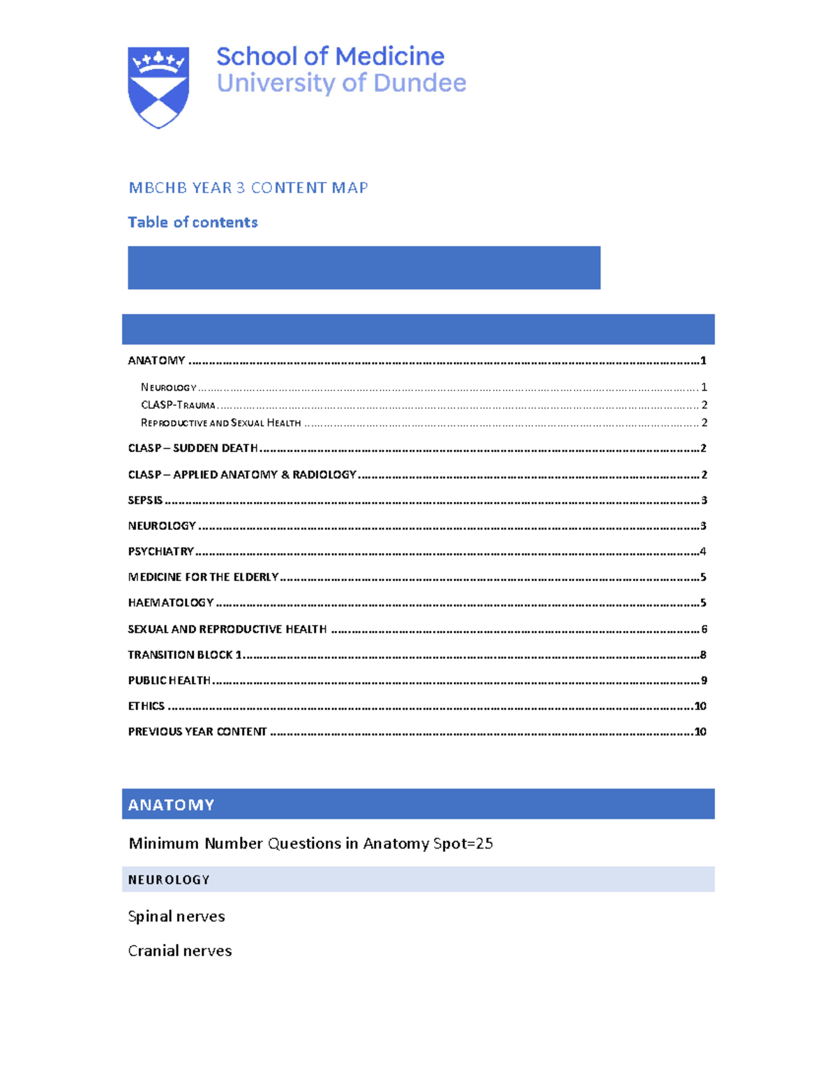 Content Map Year 3 - specification - MBCHB YEAR 3 CONTENT MAP Table of ...