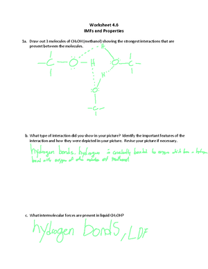 Worksheet 4 - Worksheet 4. Water Intermolecular Forces Draw a molecular ...