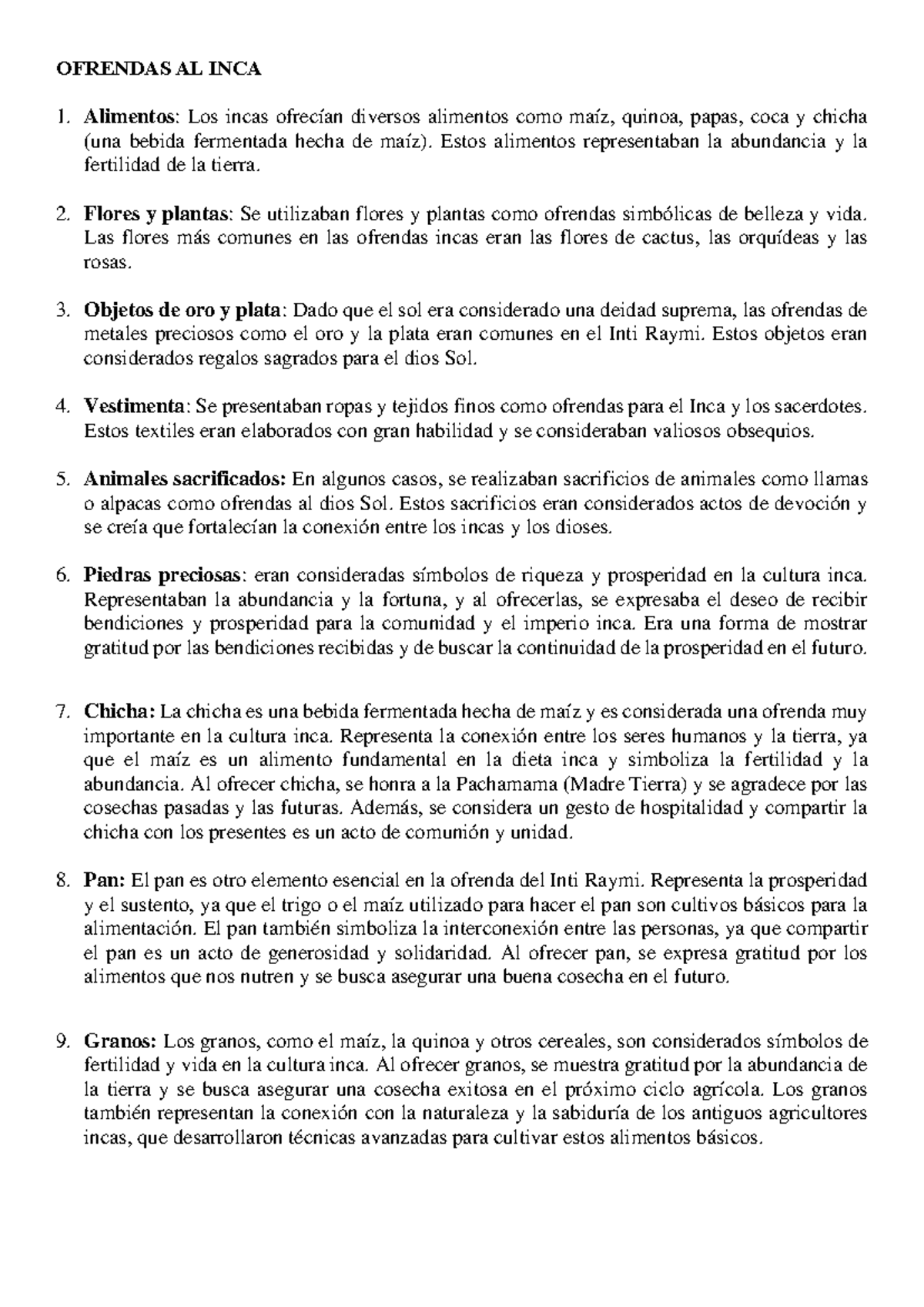 Ofrendas AL INCA - Ceremonia del INTIRAYMI - OFRENDAS AL INCA Alimentos ...