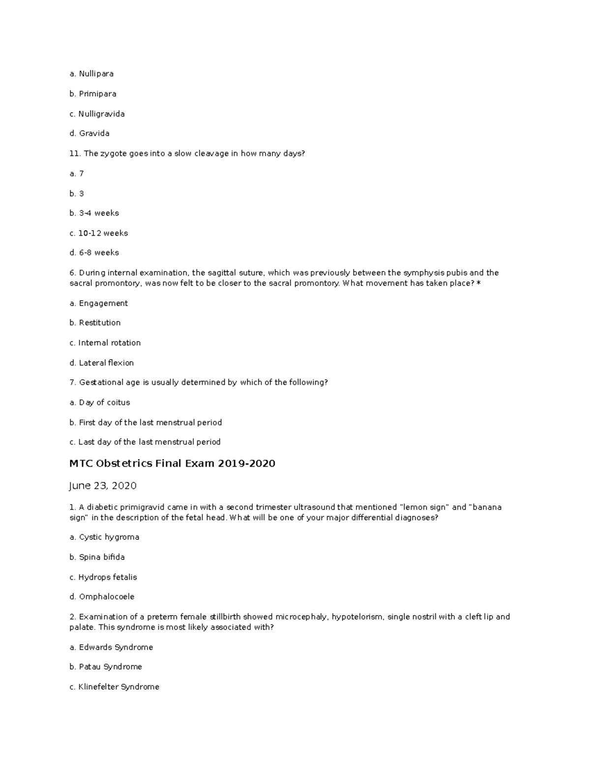 Medical anatomy heathcare exam part 5 - a. Nullipara b. Primipara c ...