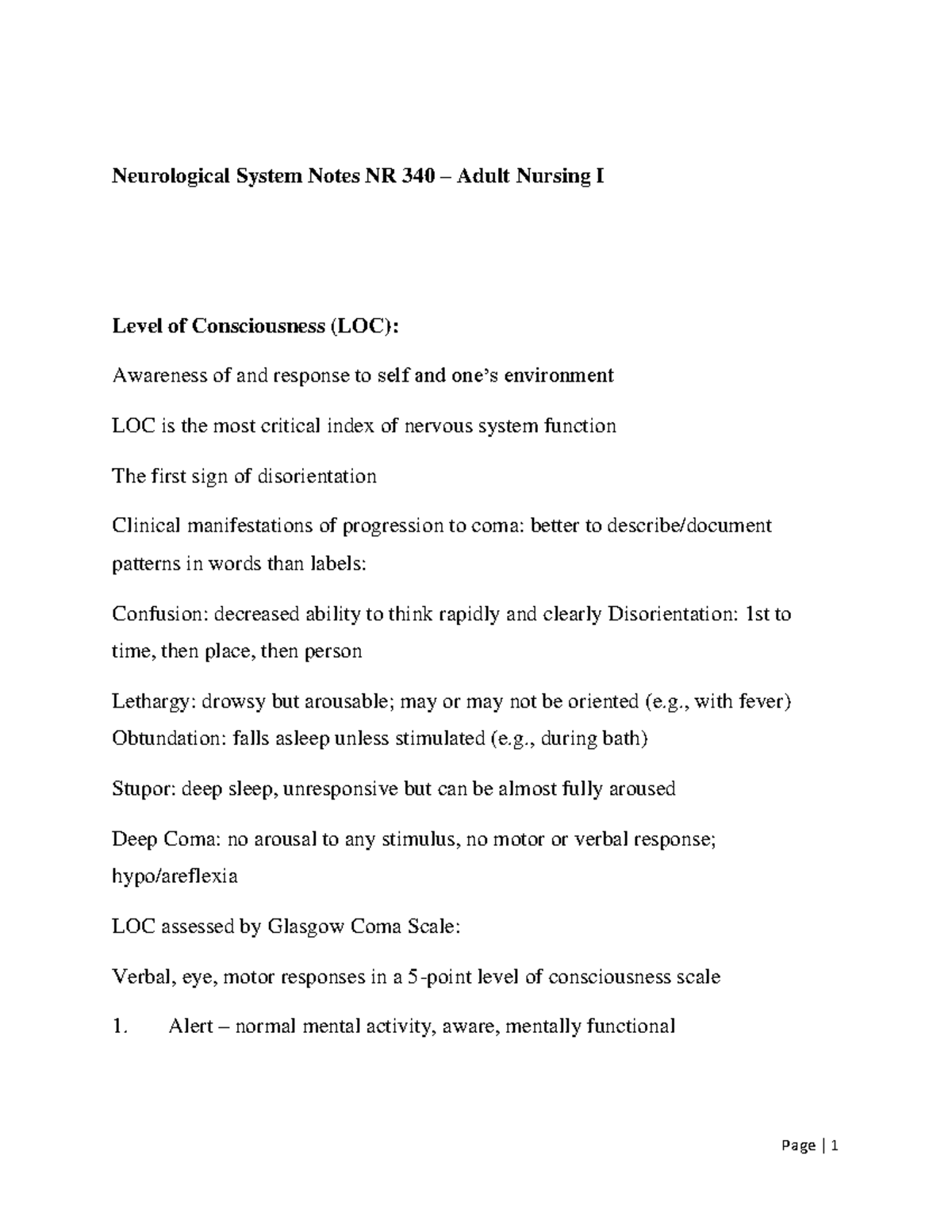 Neurological System Notes NR 340 - , with fever) Obtundation: falls ...