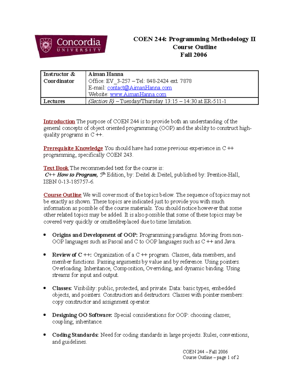 Coen244 course outline - COEN 244: Programming Methodology II Course ...