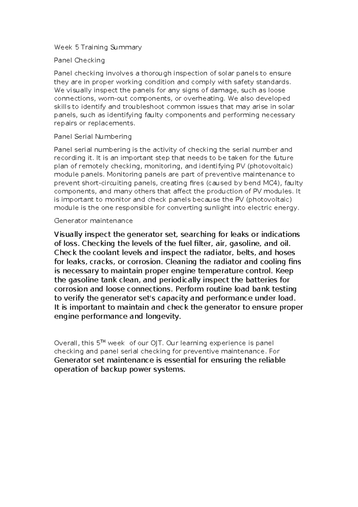 Week 5 Training Summary - Week 5 Training Summary Panel Checking Panel checking involves a ...