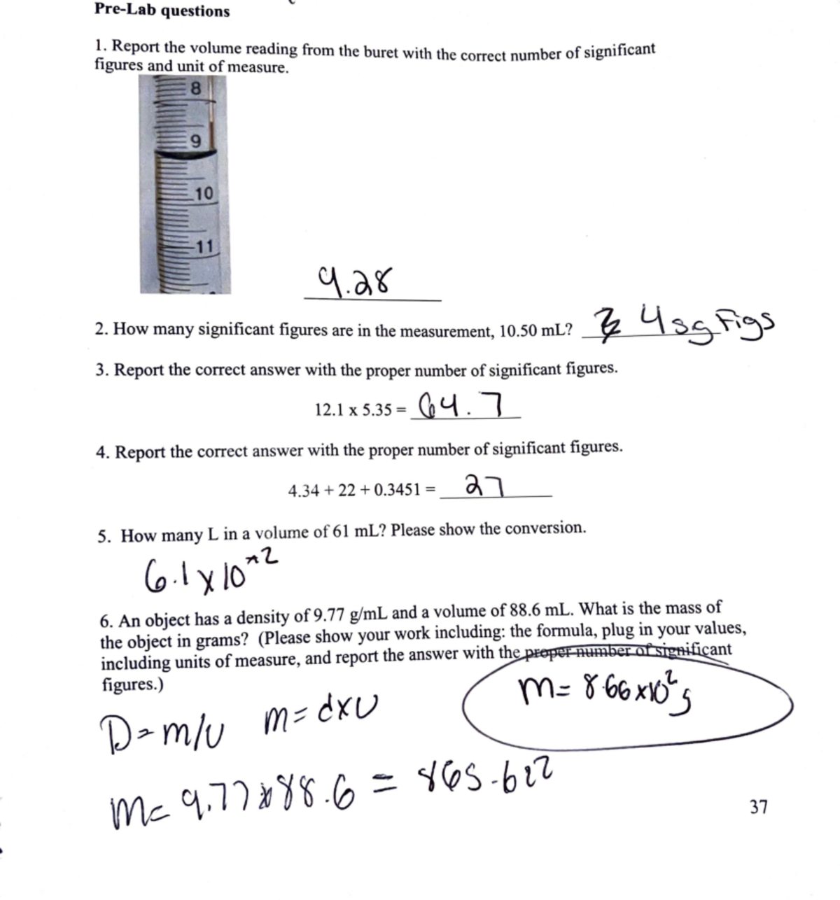 Experiment part 1 - Lab questions practice - Pre-Lab questions l. Report the volume reading from ...