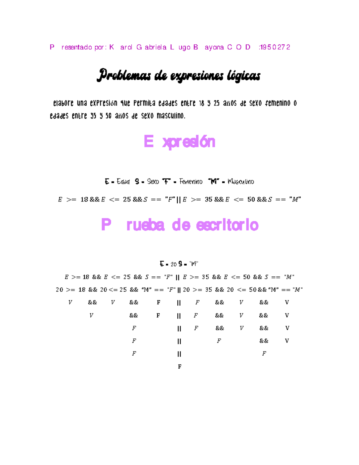 Informatica expresiones logicas - P resentado por: K arol Gabriela L ...