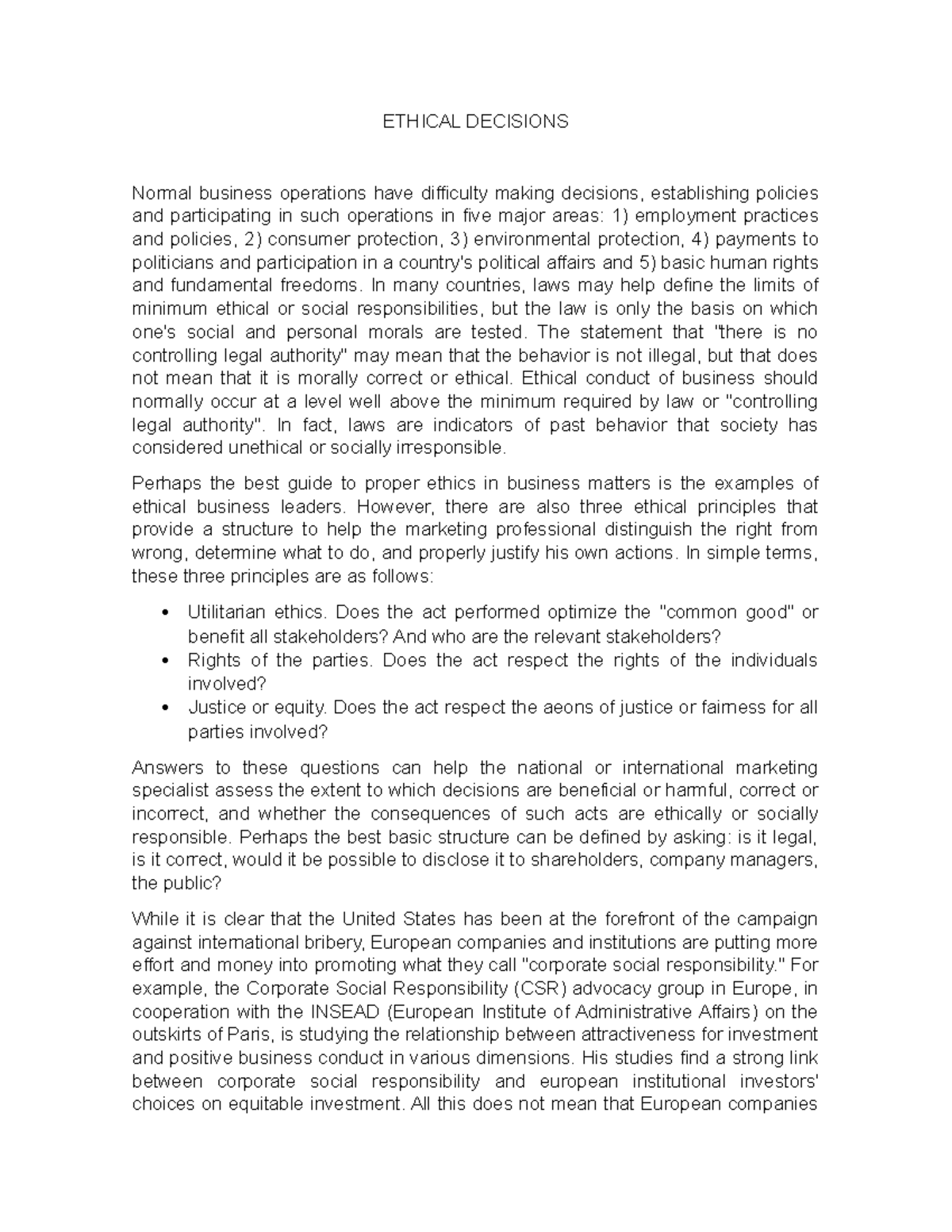 ETHICAL DECISIONS - ETHICAL DECISIONS Normal business operations have ...