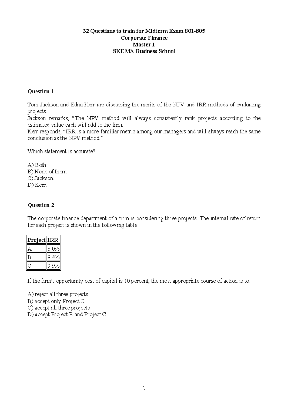 Training For Midterm 32 Questions To Train For Midterm Exam S01 S