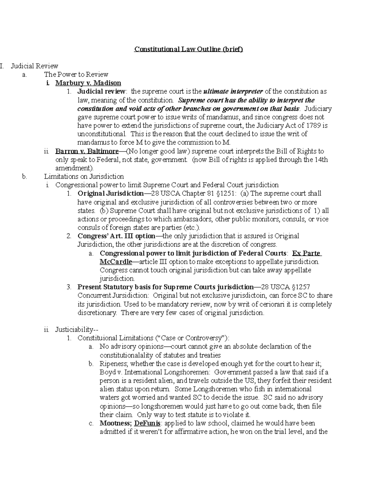 Constitutional Law Outline - 1 - Constitutional Law Outline (brief) I ...