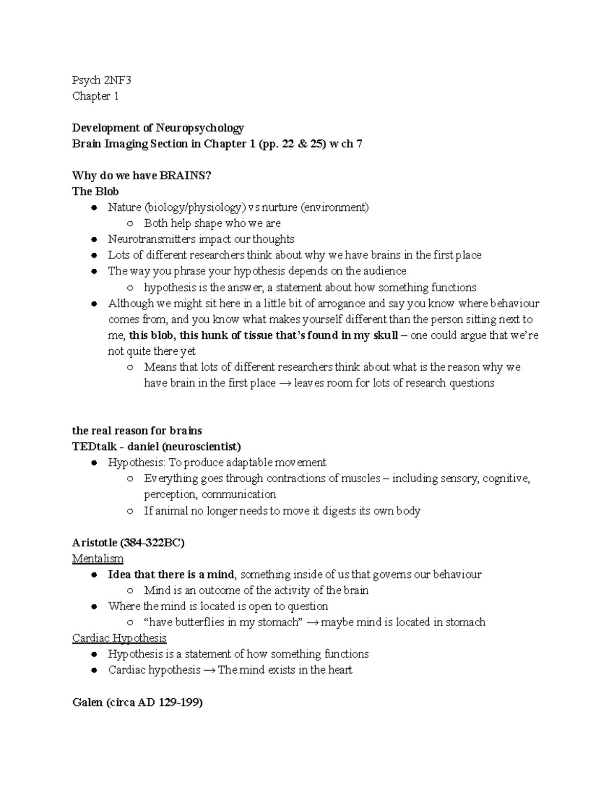 Psych 2NF3 - All lectures in one doc - Psych 2NF Chapter 1 Development of Neuropsychology Brain ...