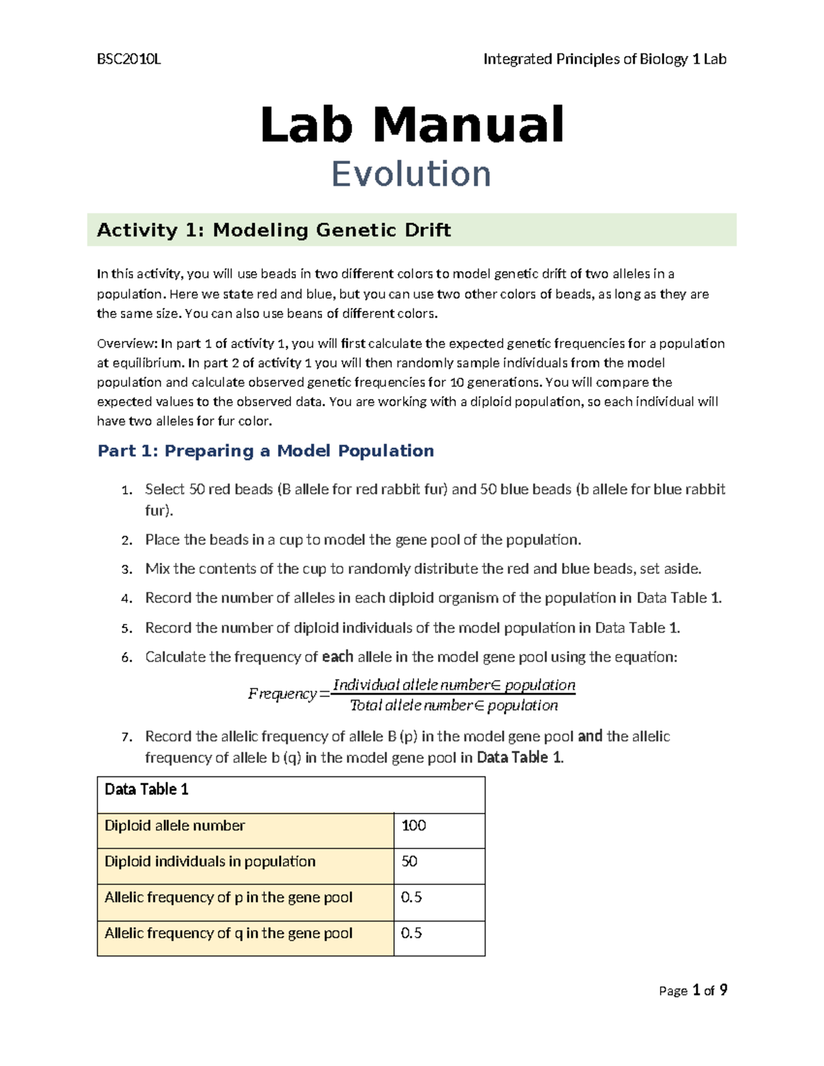 L9 Evolution Manual - Lab Manual Evolution Activity 1: Modeling Genetic Drift In this activity ...