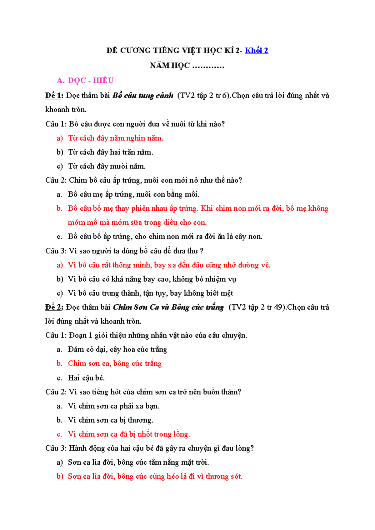 De cuong on tap hoc ki 2 lop 2 mon tieng viet sach canh dieu - ĐỀ CƯƠNG TIẾNG VIỆT HỌC KÌ 2 ...