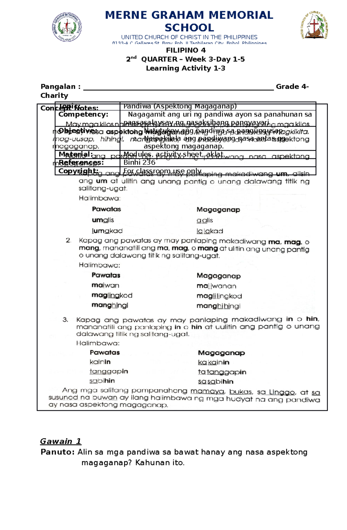 Filipino 4 Q2-w3 - MnsD - FILIPINO 4 2 nd QUARTER – Week 3-Day 1- Learning Activity 1- Pangalan ...
