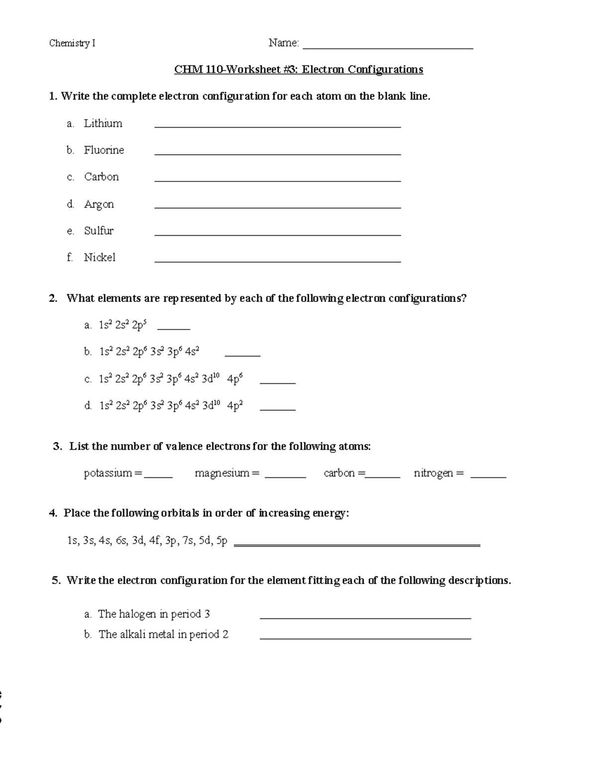 CHM 110 Chapter 2 Worksheet #3 Electron Configurations with Answers ...