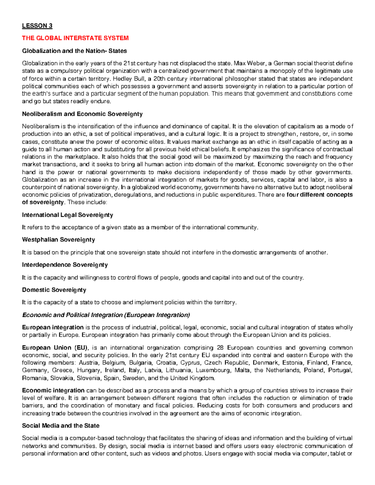Reviewer Lessons 3 AND 4 UNIT 2 - LESSON 3 THE GLOBAL INTERSTATE SYSTEM ...