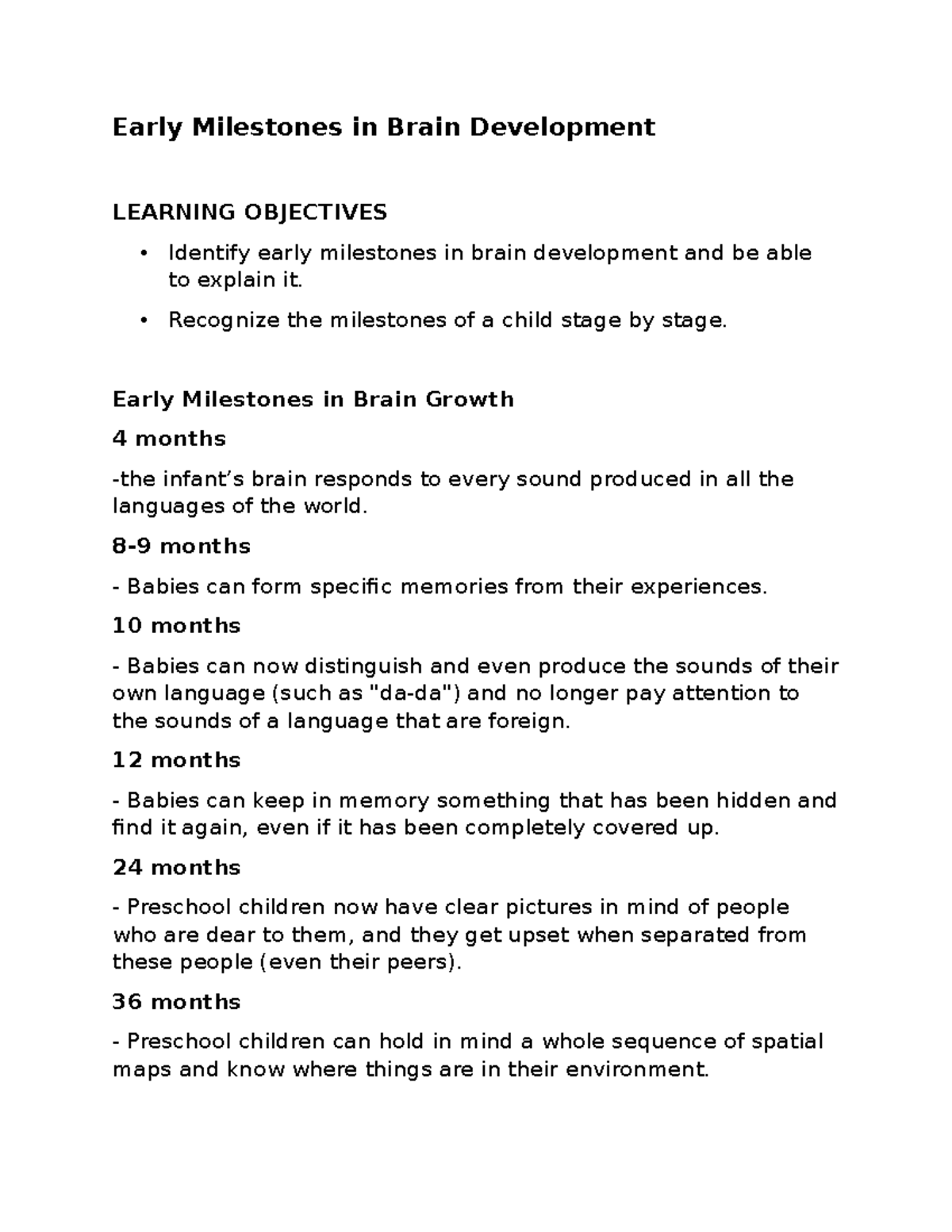 Early Milestones in Brain Development - Early Milestones in Brain ...