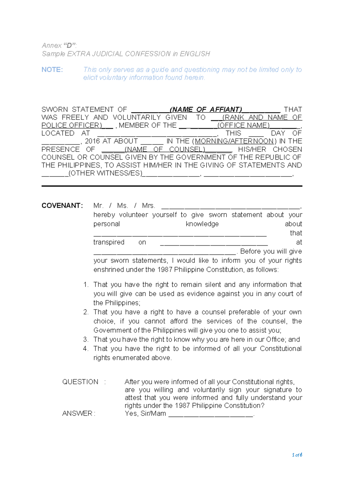 Sample Format of Extra Judicial Confession (English) - Annex “D ...