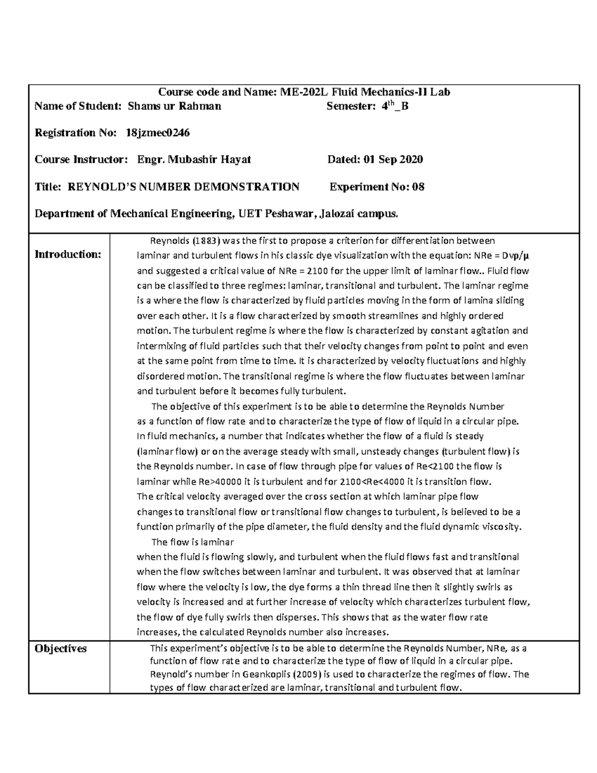 Experiment For Reynolds Number Demonstration Warning Tt Undefined Function 32 Warning Tt