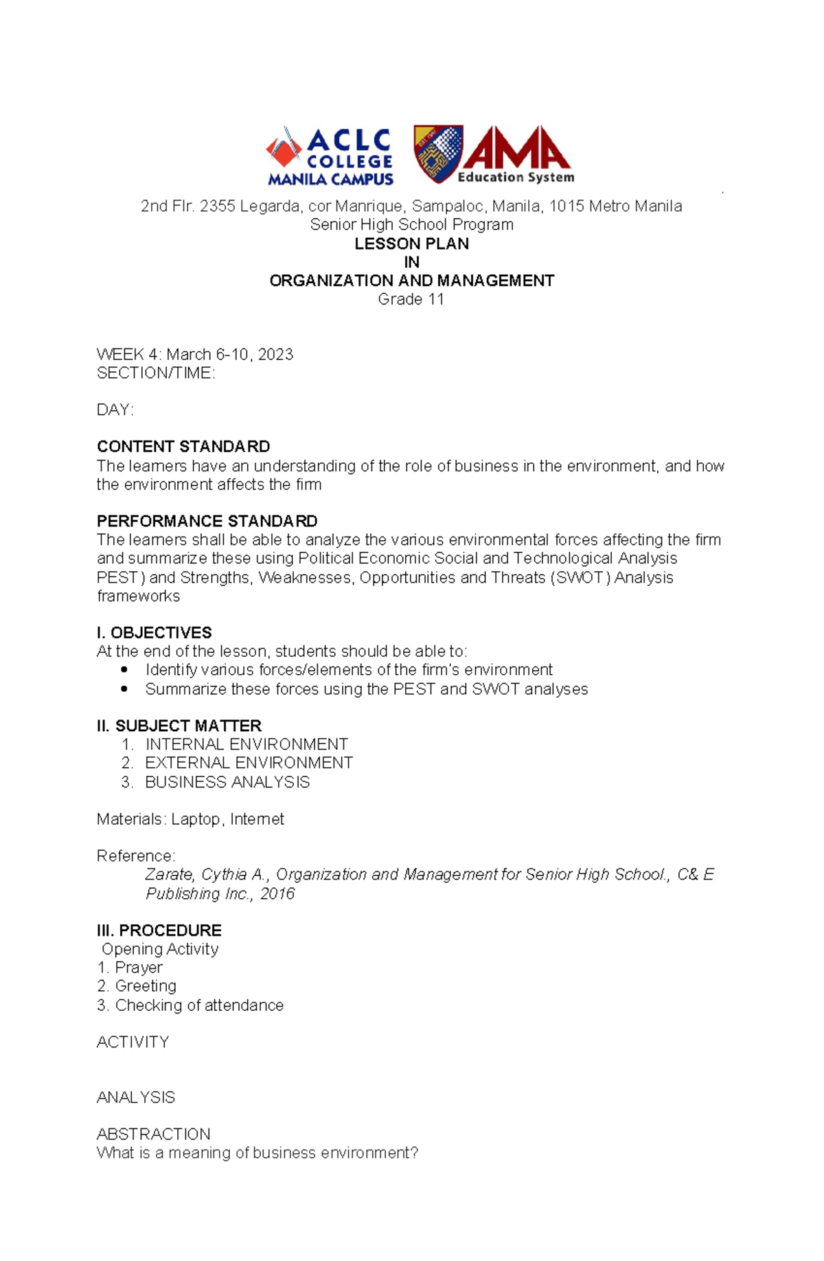 Lesson-PLAN-3 - abm notes - . 2nd Flr. 2355 Legarda, cor Manrique ...