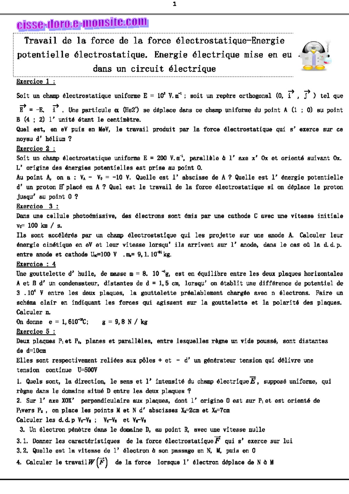 Travail de la force de la force electrostatique - 1 cisse doro monsite ...