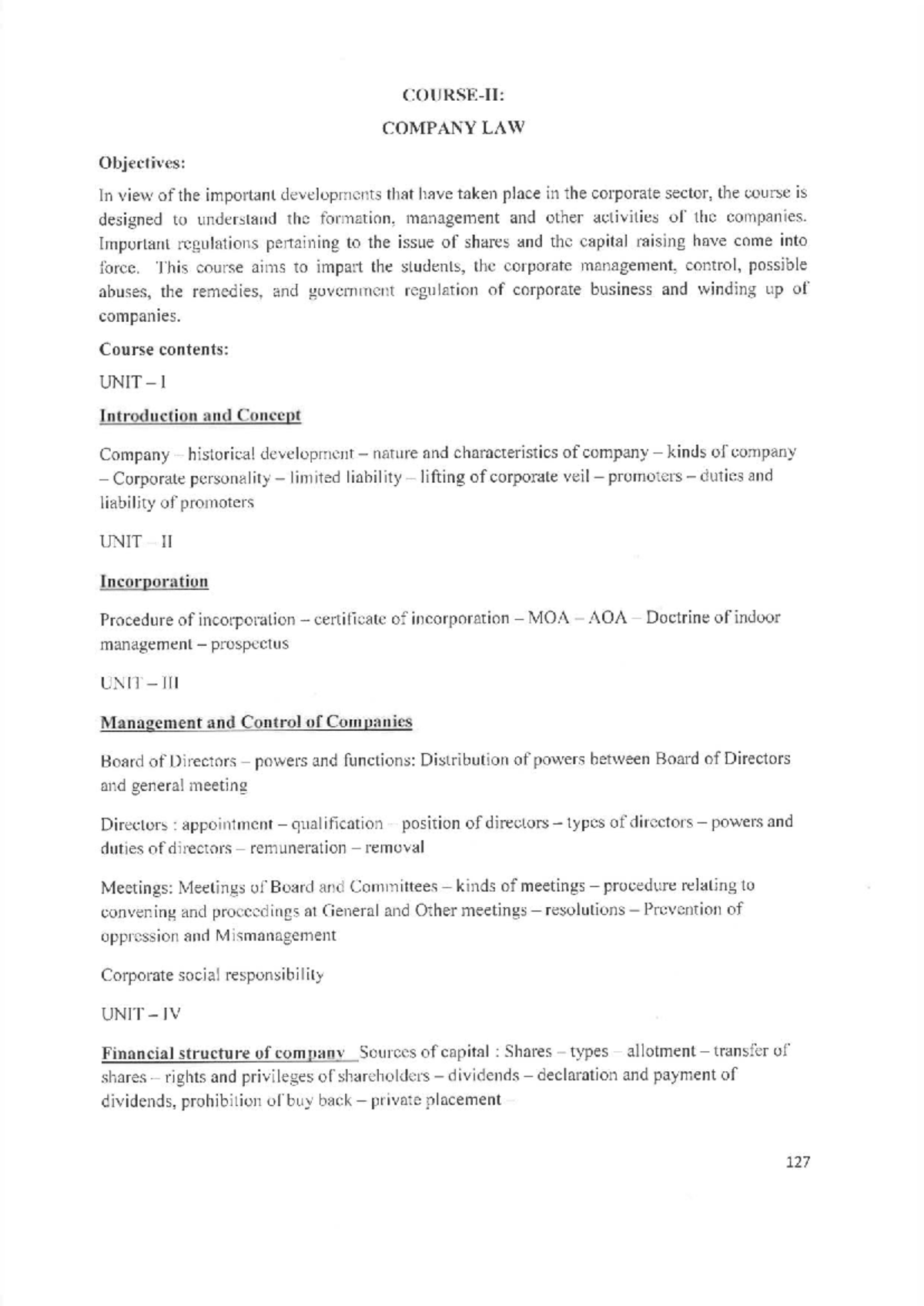 Company Law syllabus - Good material - COMPANY LAW Objectives: In view ...