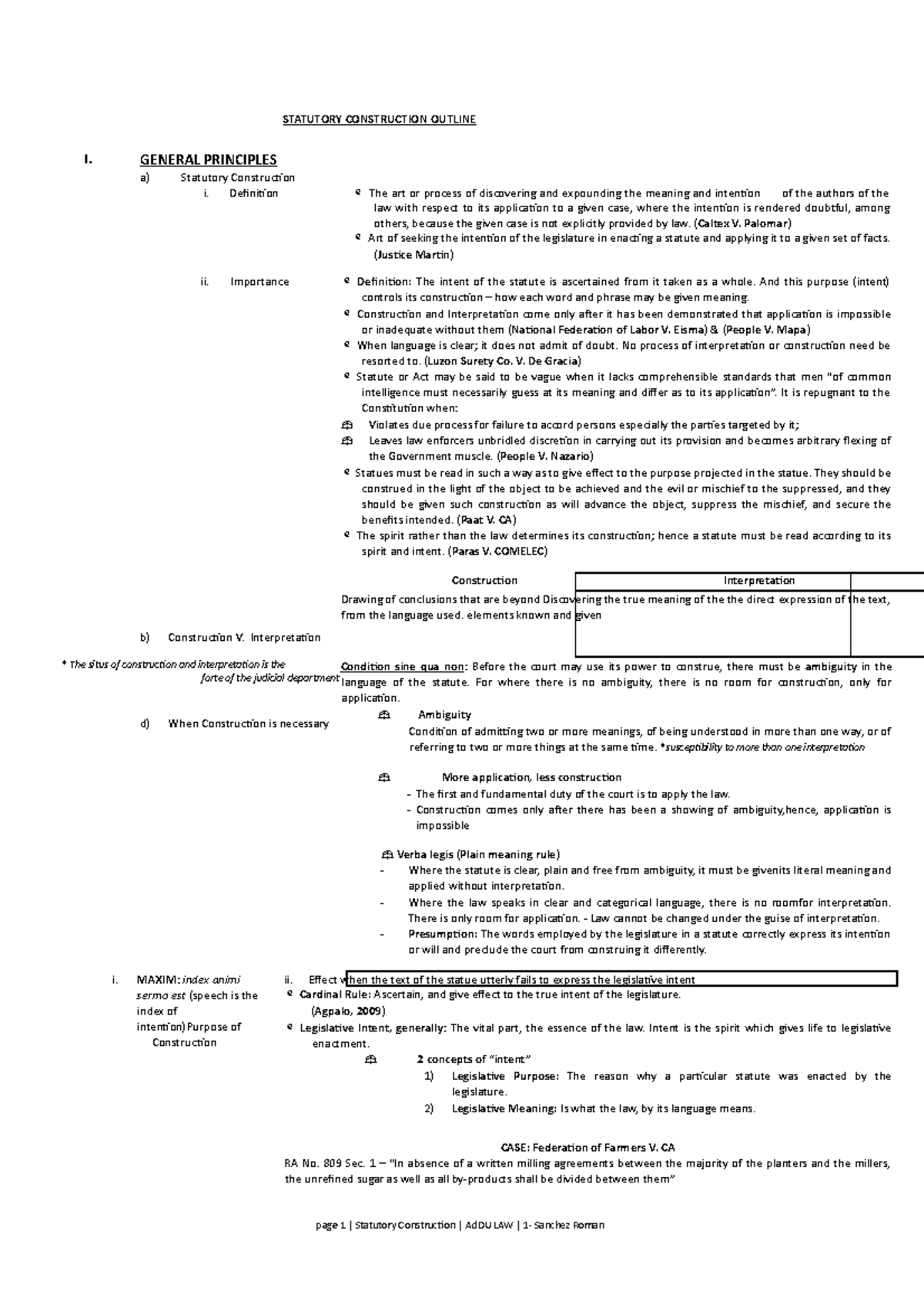 Doc Law - Lecture Notes - STATUTORY CONSTRUCTION OUTLINE I. GENERAL ...