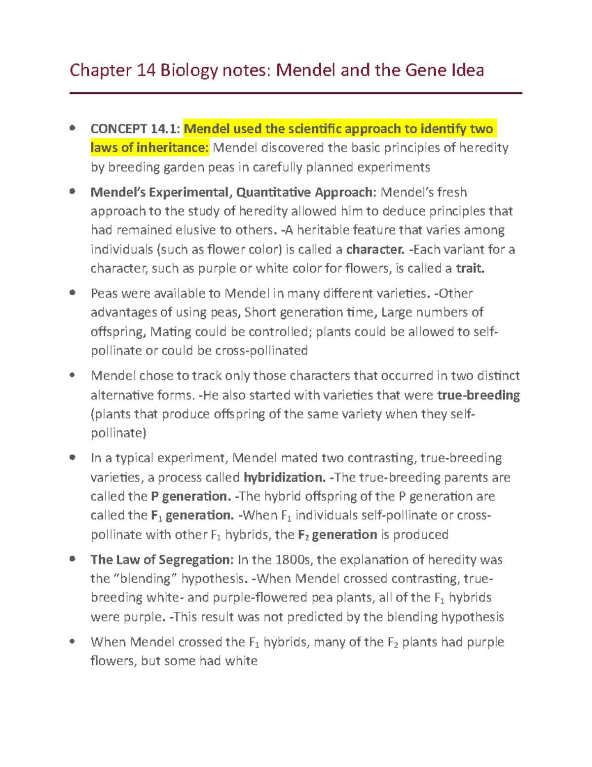 Chapter 14 Biology notes - Chapter 14 Biology notes: Mendel and the ...