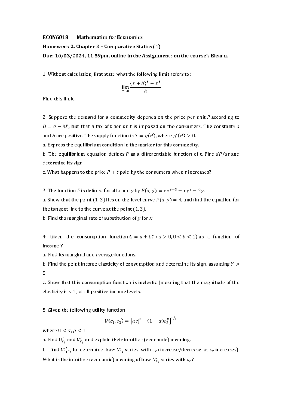 Homework 2 - ECON 6018 Mathematics for Economics Homework 2. Chapter 3 ...