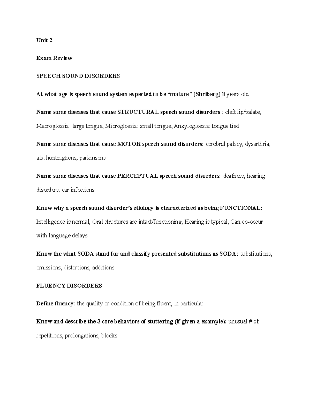 Exam 2 Study Guide Unit 2 Exam Review SPEECH SOUND DISORDERS At What