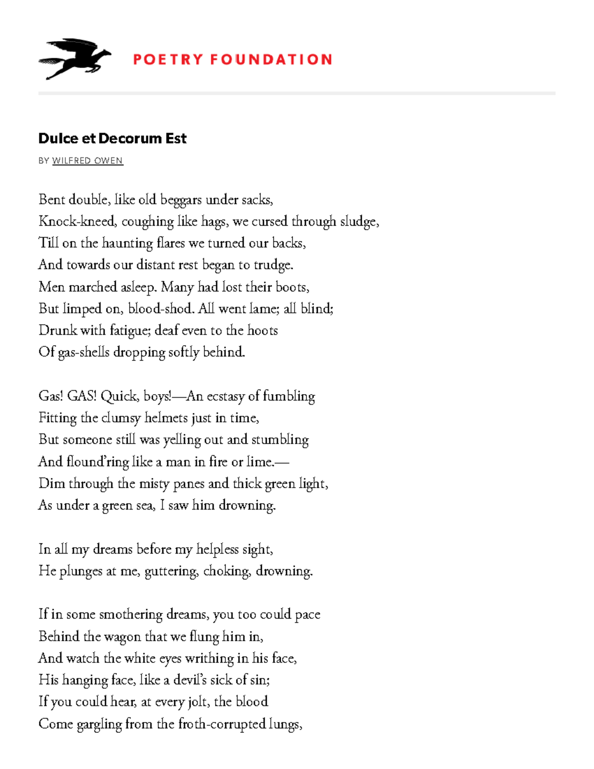 Dulce et Decorum Est The Poetry Foundation - Dulce et Decorum Est BY ...