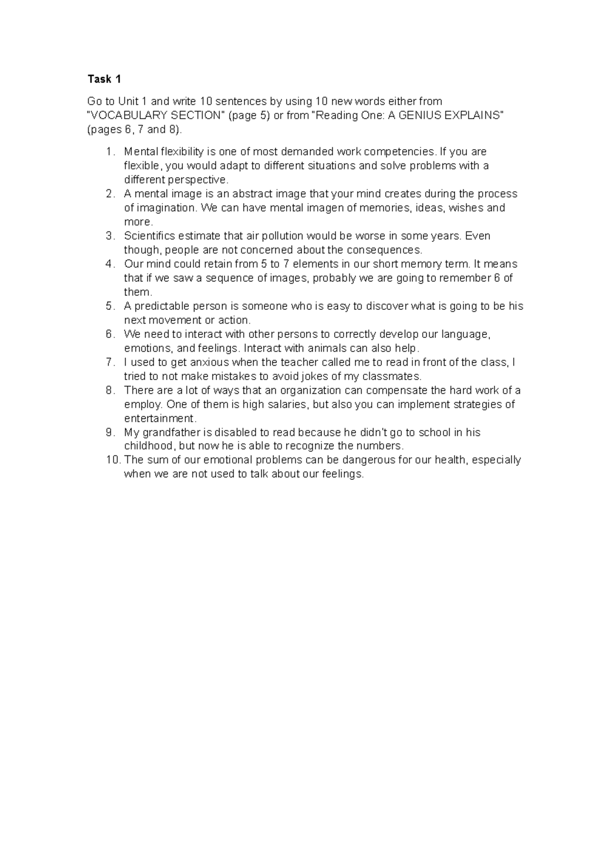 Portfolio Av10 - Task 1 Go to Unit 1 and write 10 sentences by using 10 ...