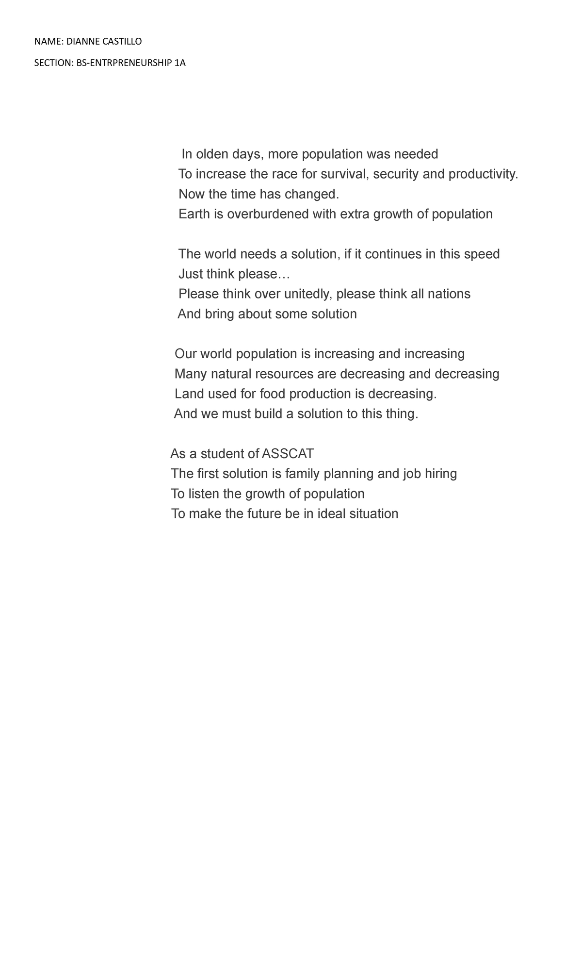 Poem global population - NAME: DIANNE CASTILLO SECTION: BS ...