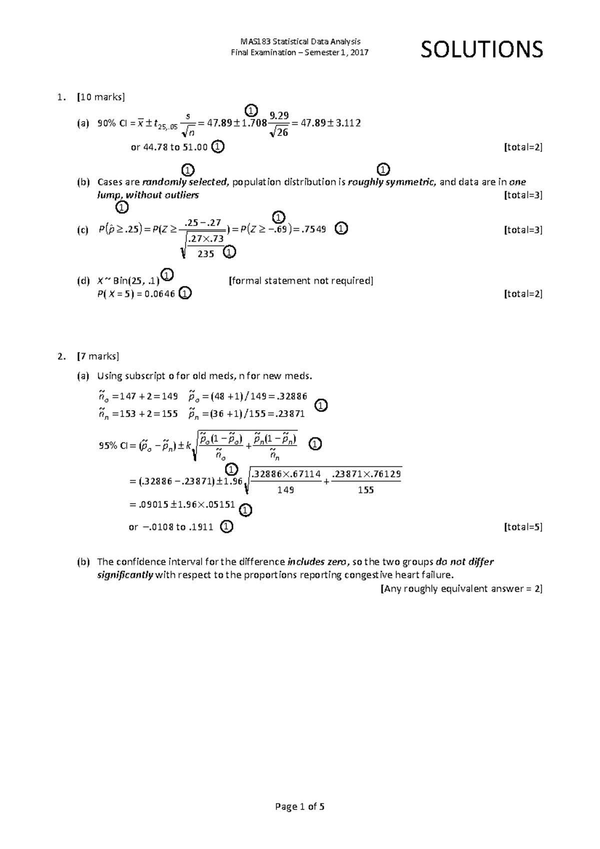 Exam 2017, Sem 1 answers - MAS183 Statistical Data Analysis Final ...