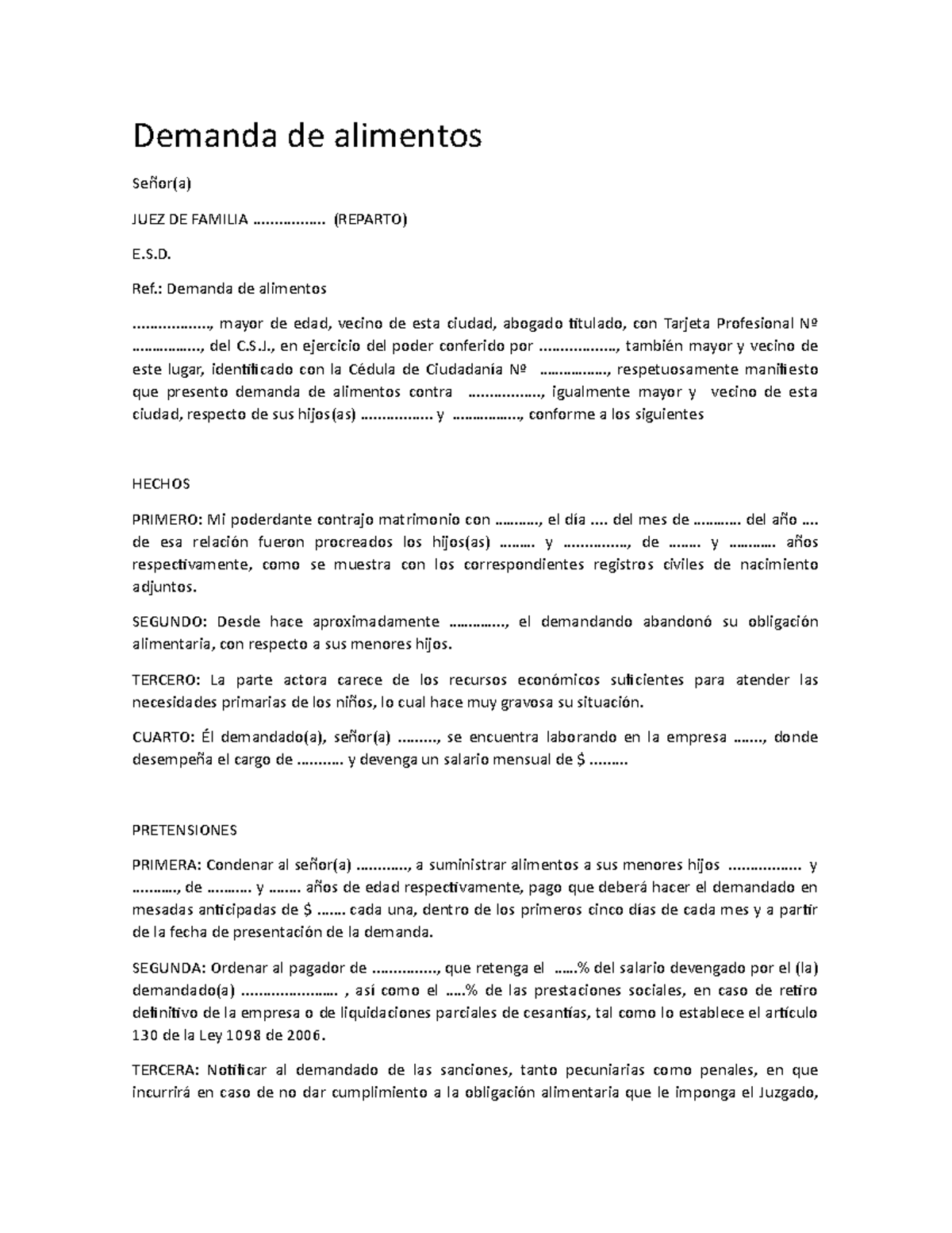 Demanda de alimentos - Demanda de alimentos Señor(a) JUEZ DE FAMILIA ...