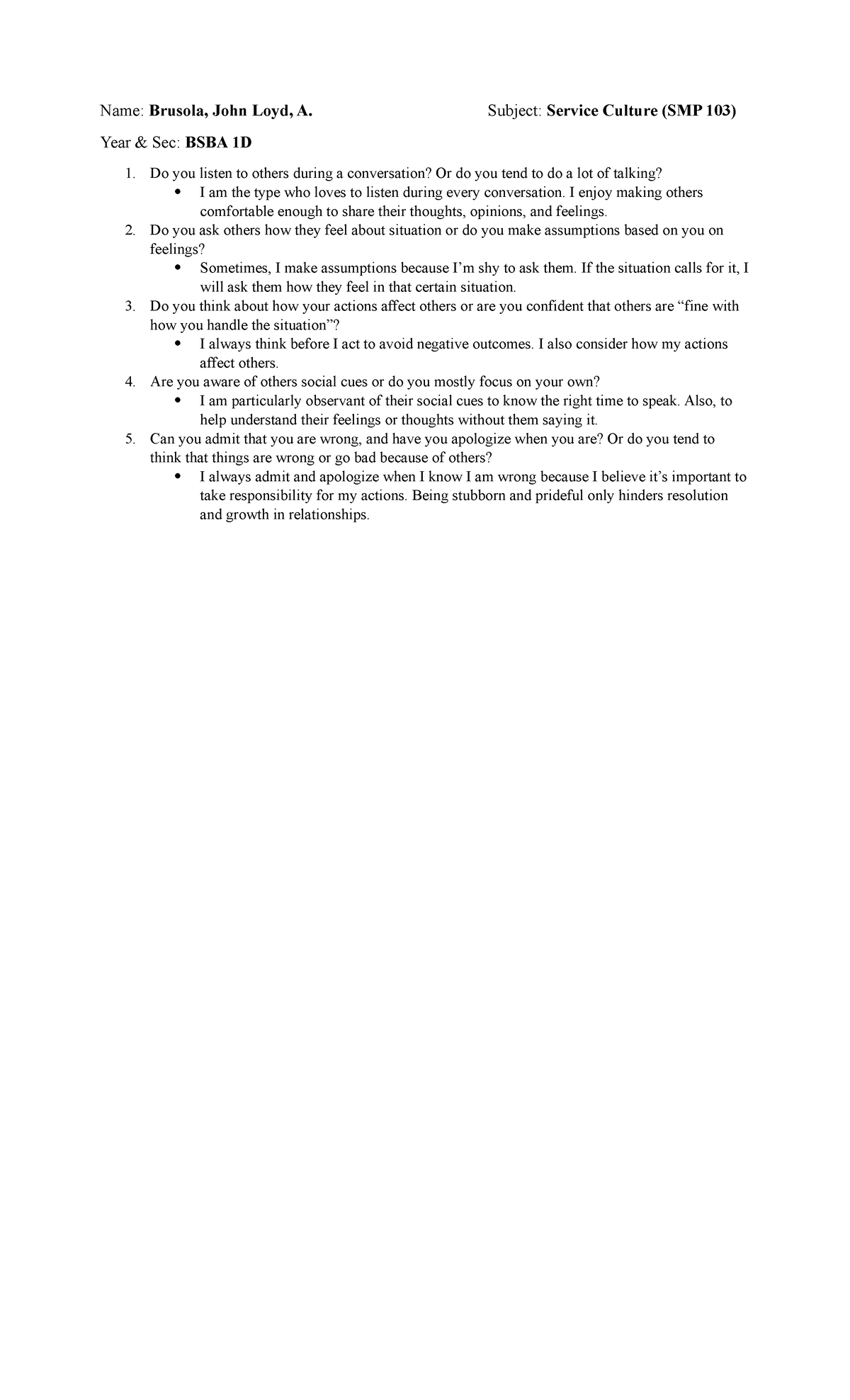 Self Awareness Activity SMP 103 - Name: Brusola, John Loyd, A. Subject ...