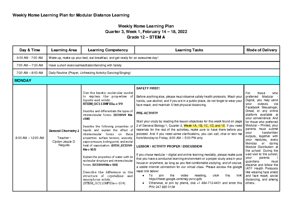 WHLP Q3 Week1 - WHLP guide - Weekly Home Learning Plan for Modular ...