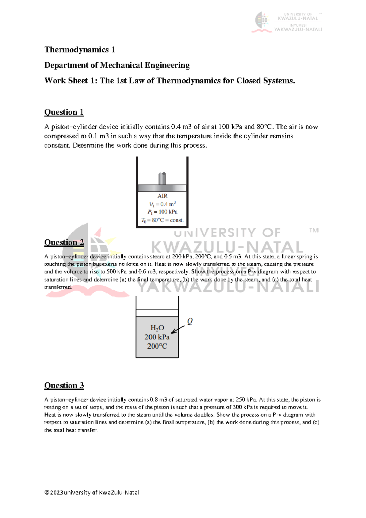 Worksheet 1 - ©2023university of KwaZulu-Natal Thermodynamics 1 ...