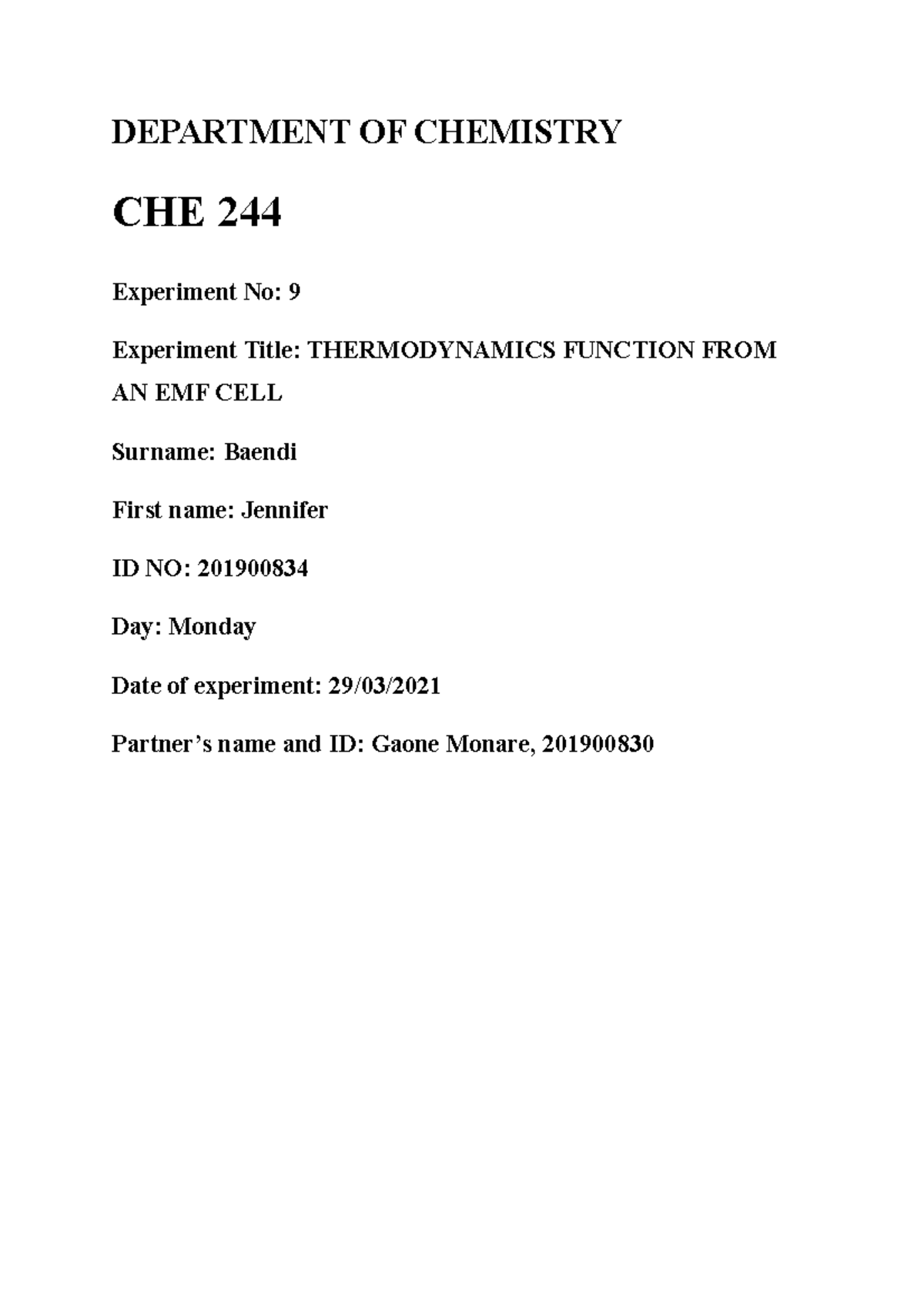 CHE 244 experiment 9 Final lab report - DEPARTMENT OF CHEMISTRY CHE 244 ...