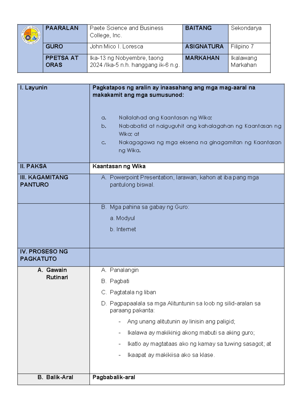 FME1-Antasng Wika - Kaantasan ng Wika - Banghay Aralin - PAARALAN Paete ...