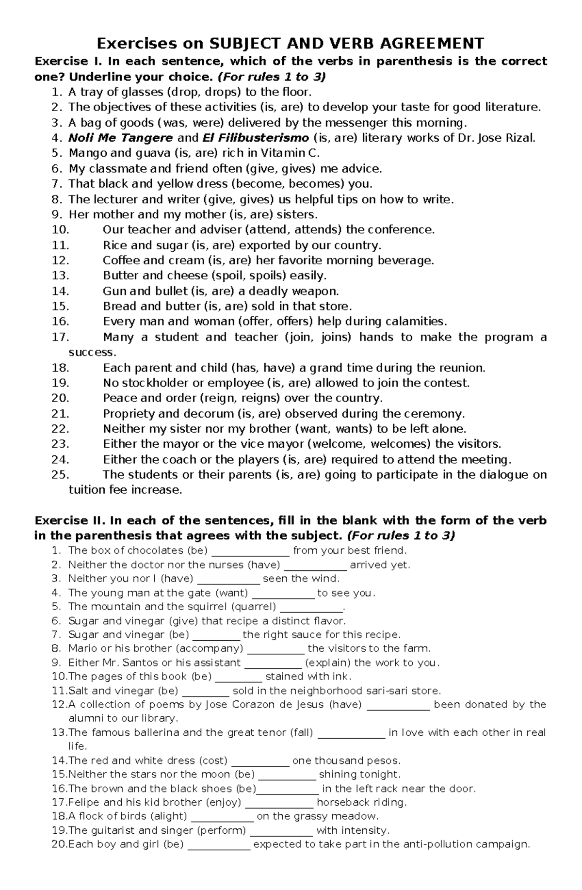 Exercises on SVA Rules 1 3 - Exercises on SUBJECT AND VERB AGREEMENT ...